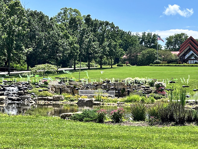 Zen zone alert! This patio is where landscaping meets luxury, offering a front-row seat to nature's own water feature extravaganza.