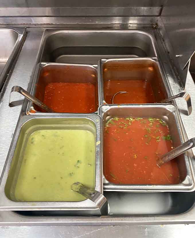 The salsa bar offers multiple heat levels and flavor profiles, letting diners customize their meal exactly how they like it.