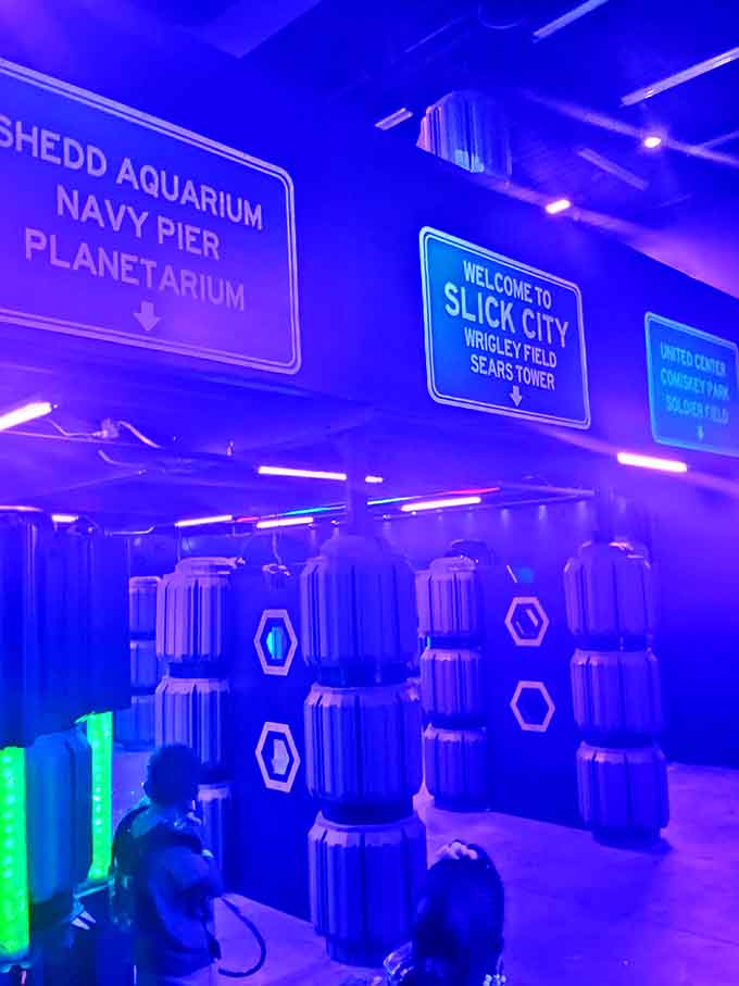Chicago landmarks illuminate the laser tag arena, where office workers transform into tactical operatives and children become commanders.