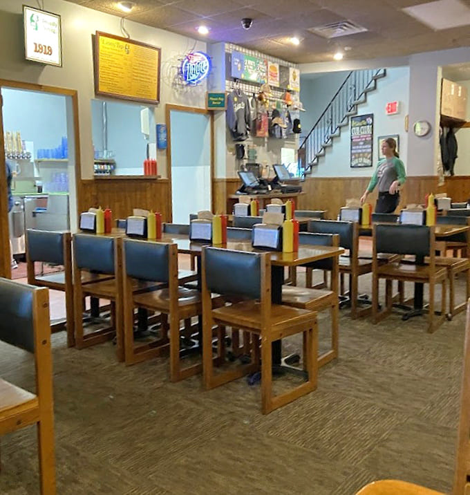 The spacious dining room welcomes everyone from families to solo diners, all united in their burger-loving mission today.