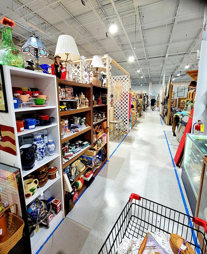 Long aisles of vintage kitchenware and collectibles stretch into the distance like a museum where you can touch everything
