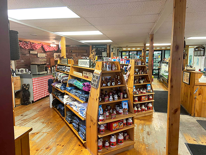 Vermont's liquid gold lines the shelves, offering maple treasures from syrup to candy, each bottle containing forests of flavor.