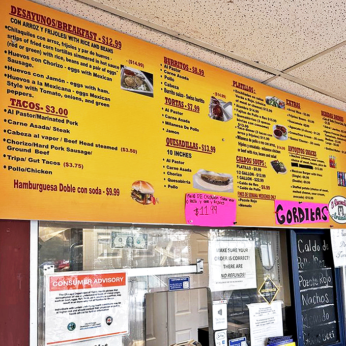 A menu board that reads like a greatest hits album of Mexican street food classics.