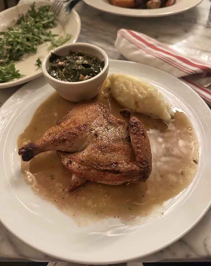 Roasted chicken with skin so crispy it crackles, making you question why you ever order anything else when dining out.