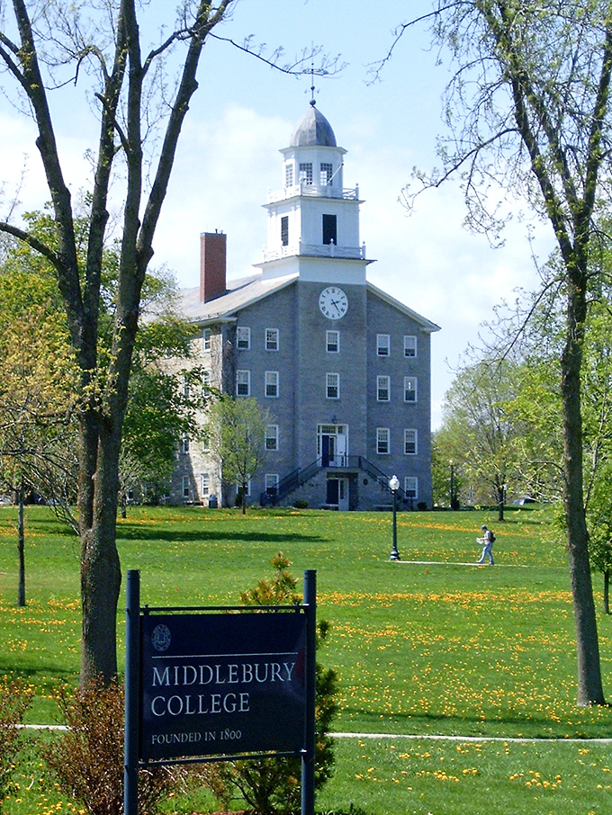 Old Chapel building Middlebury College: Students have hurried past this dignified building for generations, some rushing to class, others rushing to change the world.