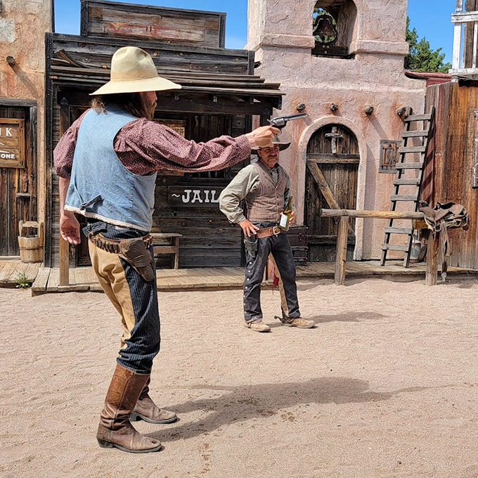 The gunfight shows combine historical facts with theatrical flair, creating performances where the actors' mustaches deserve their own billing.