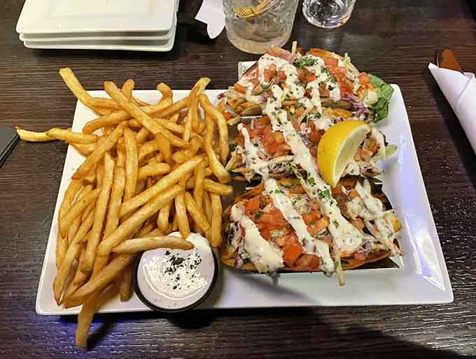 Fish tacos arrive piled high with fresh toppings, proving this Irish pub isn't afraid to venture beyond the Emerald Isle occasionally.