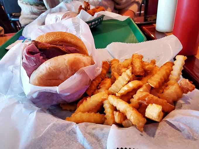 A roast beef sandwich paired with crinkle fries, proving that sometimes the classics are classic for a reason.