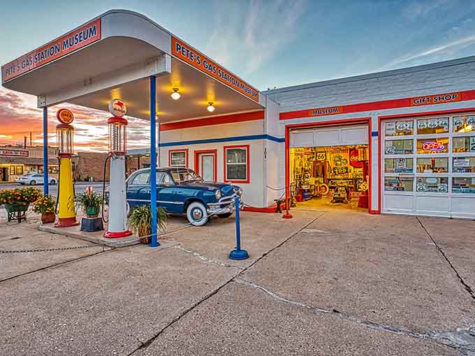 Evening light transforms the museum into a glowing beacon of nostalgia along Williams' historic Route 66 corridor.