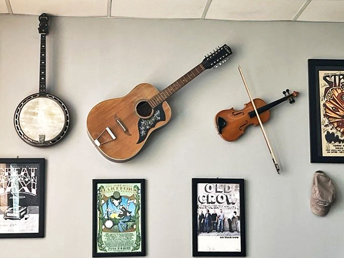 Musical history lines the walls with vintage instruments and concert posters, each telling stories of melodies that once filled this space.