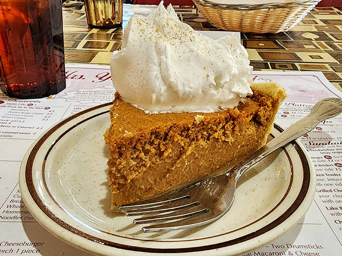 A slice of pumpkin pie crowned with real whipped cream makes a compelling case that dessert isn't optional &ndash; it's an essential part of the Mrs. Yoder's experience.