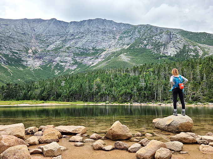 Mountain morning glory: Sunlight illuminates Katahdin's basin while crystal-clear waters invite reflection, both literal and metaphorical.