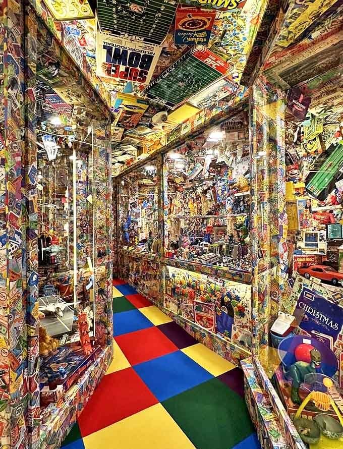 This corridor of vintage cereal boxes and toys creates a time tunnel of nostalgia, where every inch tells the story of childhood Christmases past.