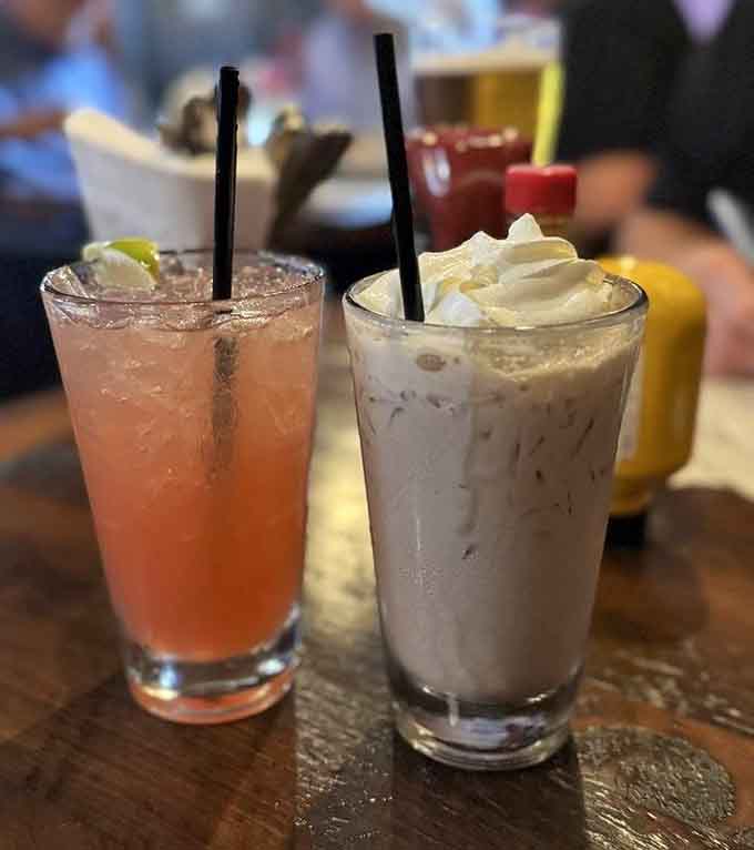 Cold beverages and creative cocktails complement the hearty food, offering refreshment between bites of those incredible dumplings.