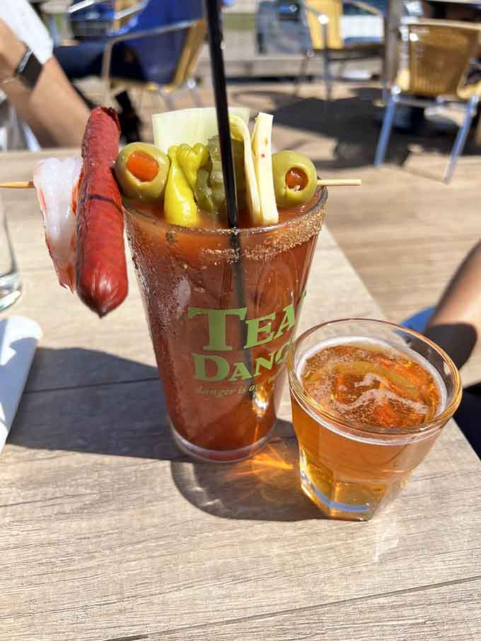That Bloody Mary comes so loaded with garnishes it's practically a meal, the perfect companion for lazy weekend brunches by the lake.