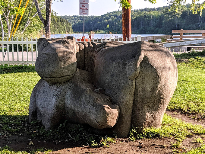 This whimsical hippo sculpture stands guard near the bridge, weathered by years of children climbing aboard for imaginary adventures.