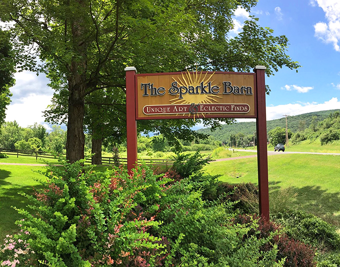 Vermont's most colorful welcome sign stands against rolling green mountains—the perfect introduction to this artistic oasis in Wallingford.