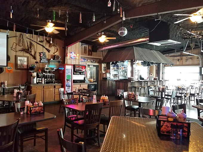 The spacious dining room offers plenty of elbow room for serious barbecue consumption, with Americana decor that feels authentically lived-in.