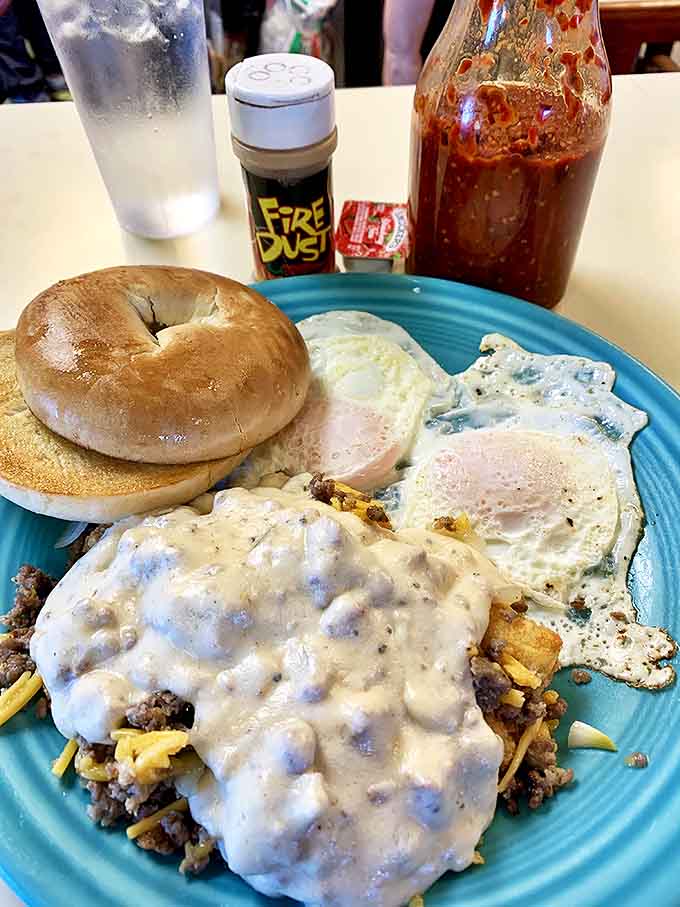 A masterpiece of morning engineering &ndash; eggs, gravy, and a bagel creating the breakfast equivalent of a three-act play.