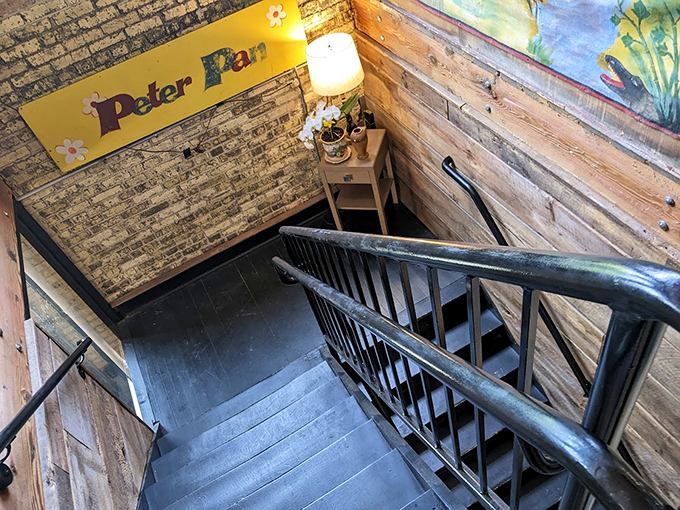 Stairway to heaven... or at least to more antiques! Follow the "Peter Pan" sign to a second floor where growing up is strictly optional.
