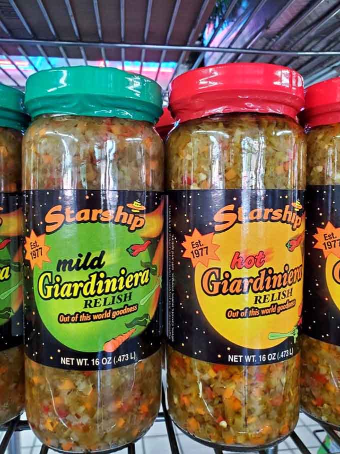 House-made giardiniera in mild and hot varieties lets you take a taste of Starship home to spice up your own cooking.