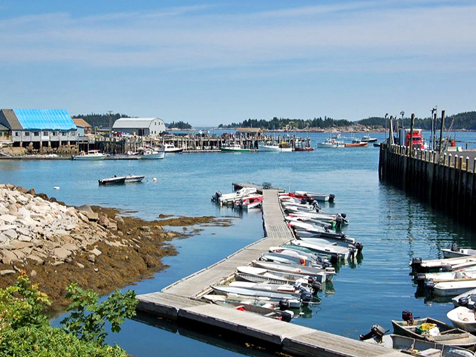 Stonington Harbor bustles with working lobster boats, their colorful buoys marking generations of fishing tradition.