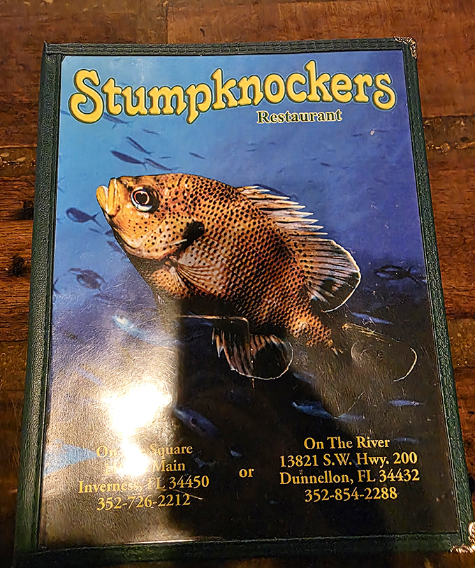 The Stumpknockers menu cover features their namesake fish &ndash; a fitting symbol for this restaurant that's become a beloved local catch.