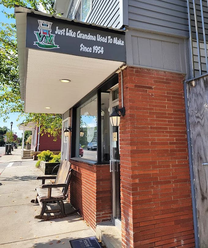 Bellville's charming streetscape frames V & M Restaurant, where hanging flower baskets and a welcoming bench invite you to slow down and savor life.
