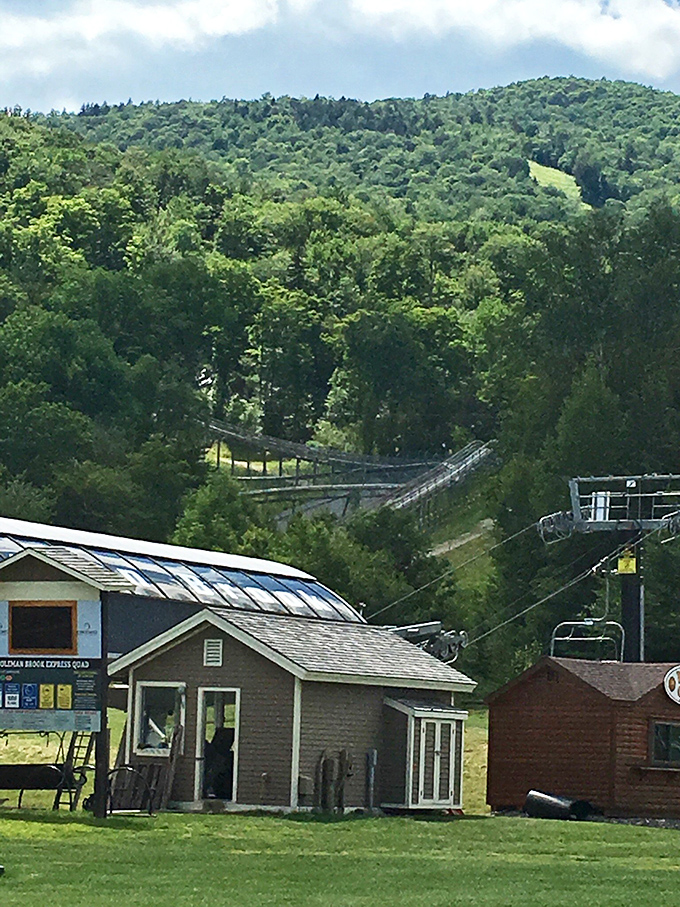 The coaster track seen from a distance, revealing how it integrates into Okemo's broader mountain landscape and activities.