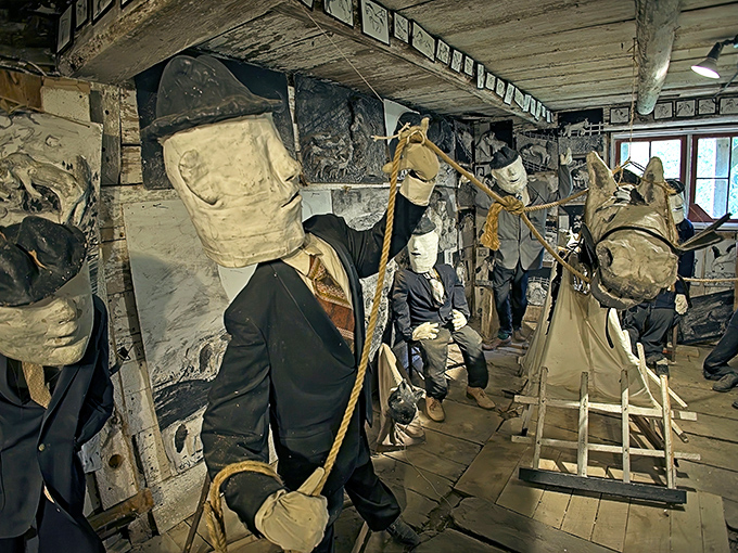 Formal-dressed puppets with bucket heads stand in eerie formation, like bureaucrats from a parallel universe where Kafka designed the government.