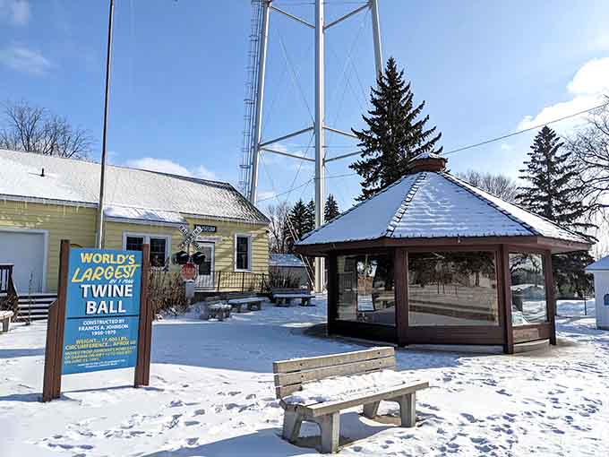 Winter transforms the attraction into a snow-dusted wonder, proving the twine ball's appeal transcends all seasons beautifully.