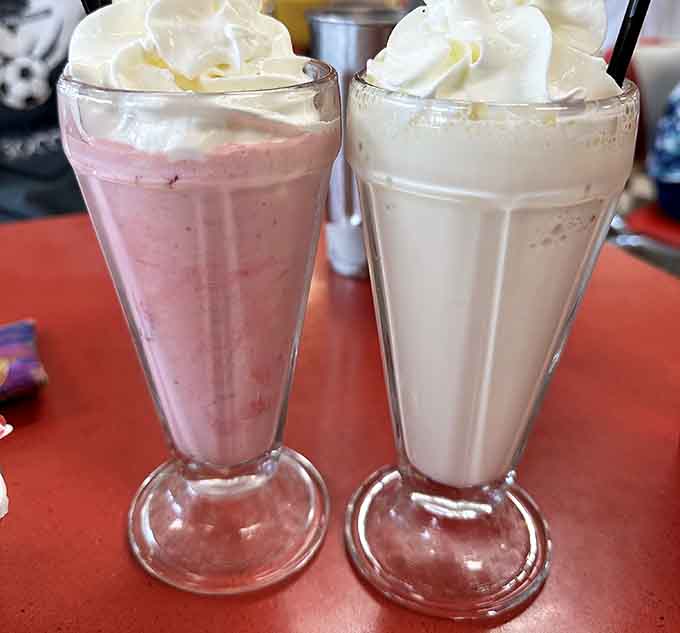 Milkshakes arrive in classic tall glasses, thick enough to require effort and delicious enough to make that effort worthwhile.