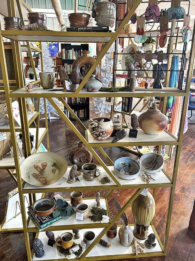 Artisan pottery arranged like a museum exhibit, each piece telling the story of hands that shaped clay into functional art. Earth tones and organic forms create visual harmony.