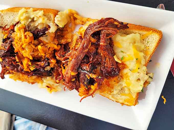 Tender beef brisket that practically melts on your fork, served atop creamy mashed potatoes &ndash; comfort food elevated to an art form.