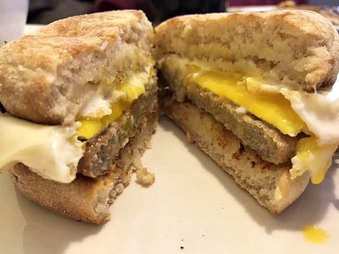 Breakfast architecture at its finest &ndash; eggs, cheese and sausage stacked between golden bread. The sandwich that launched a thousand napkins!