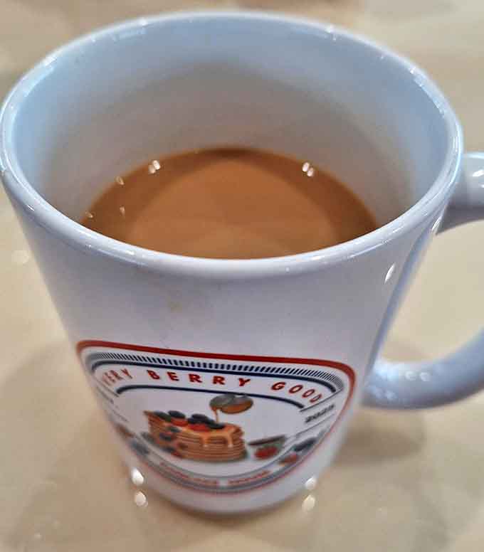 Coffee: Not just a caffeine delivery system but a properly brewed companion to your meal, served in a mug you'll be tempted to pocket.