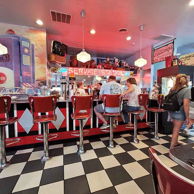 Counter seating offers front-row views of the kitchen action and the chance to chat with fellow diners about the good old days.