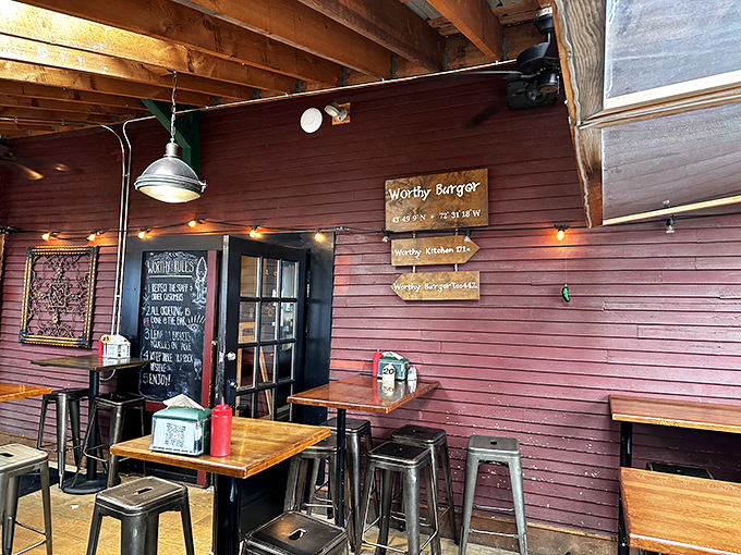 Rustic wooden walls adorned with hand-painted signs create that rare space where hipsters and farmers find common ground.