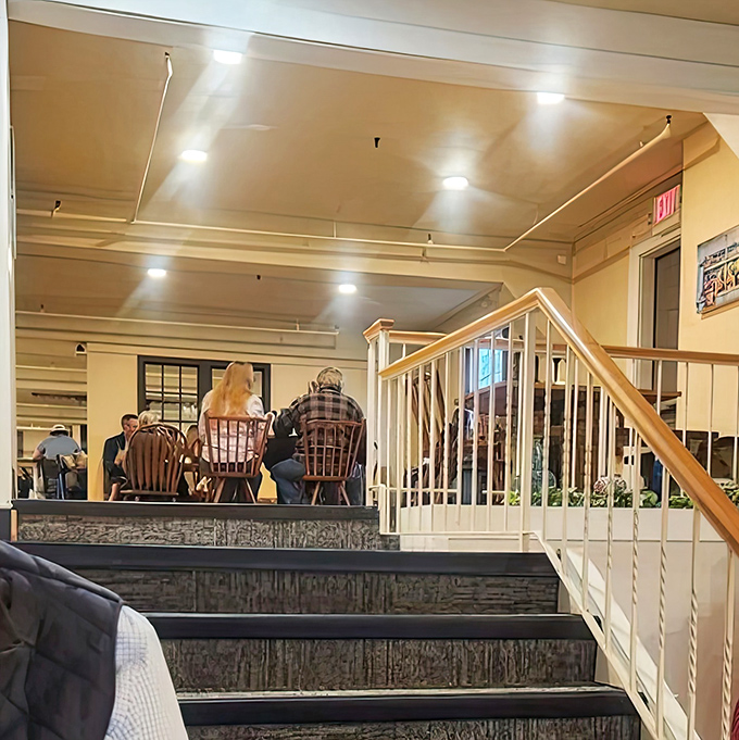 The upstairs dining area offers a slightly more intimate experience while maintaining the restaurant's unpretentious, welcoming vibe.