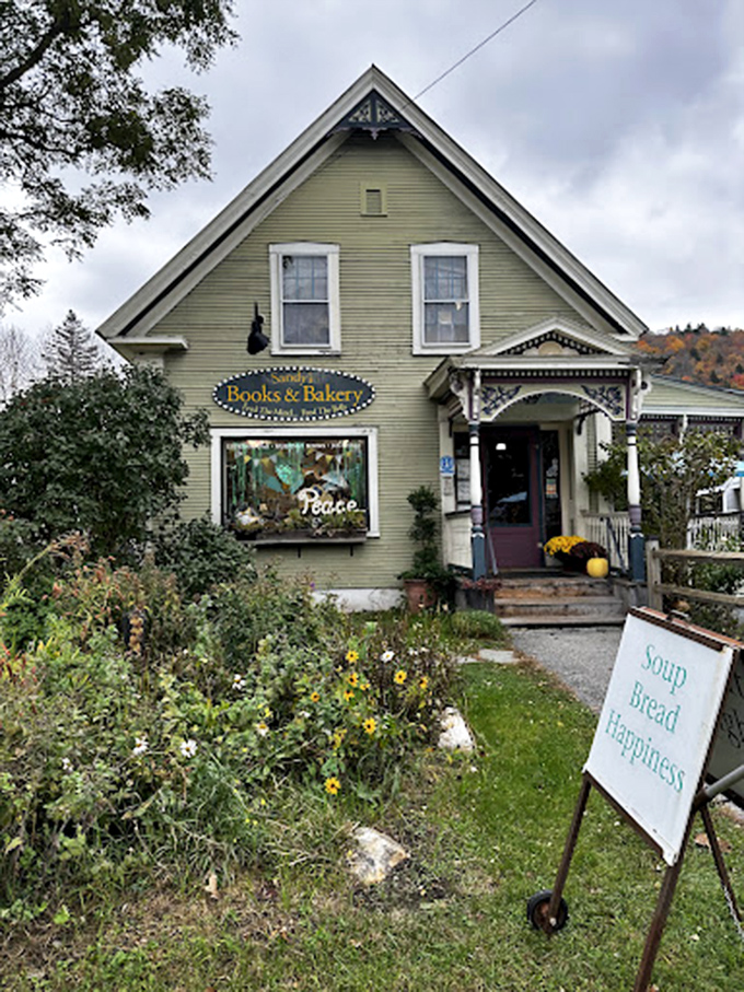 The welcoming entrance to Sandy's promises a uniquely Vermont experience where maple-flavored treats might pair perfectly with locally-authored tales.