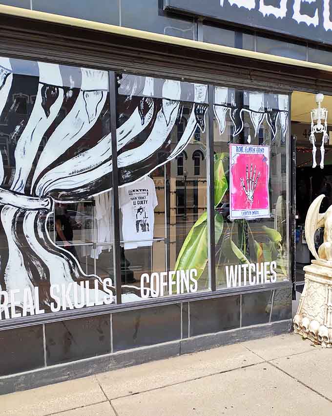 The storefront promises real skulls, coffins, and witches, and delivers on every delightfully dark promise made.