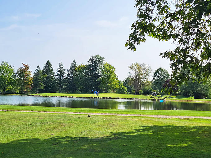 The serene local golf course provides a peaceful setting for leisure activities, with water features reflecting Ohio's big blue skies.