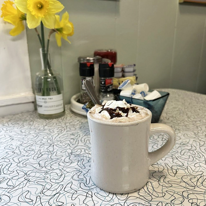 Hot chocolate topped with whipped cream and chocolate drizzle, transforming a simple beverage into something that makes you feel like you're treating yourself even on Tuesday mornings.