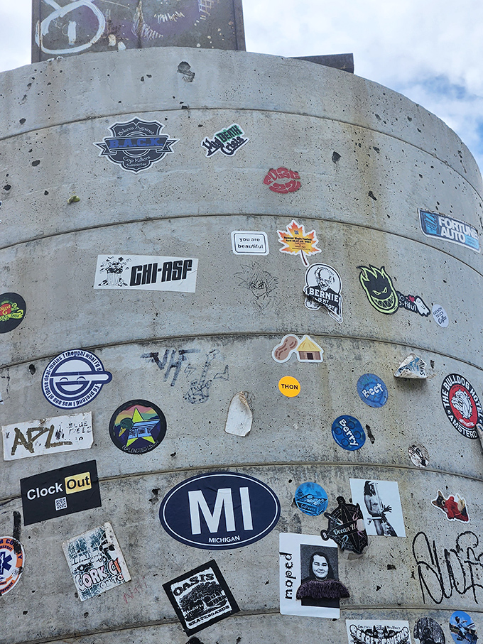 Michigan represents! Among hundreds of stickers, visitors leave their geographical calling cards on this communal canvas of metal.