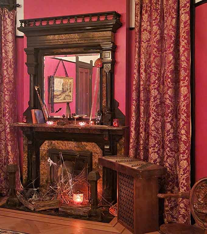 That fireplace and mirror combo creates the kind of moody reflection that makes you check twice for uninvited guests.