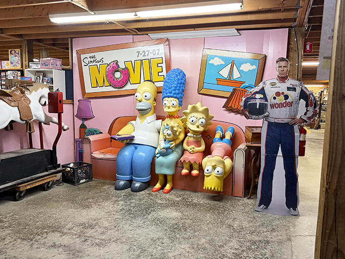 Springfield's first family lounges eternally on their cartoon couch, a life-sized pop culture shrine nestled among genuine antiques.