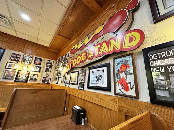 A wall that tells more stories than your grandpa after his third beer. Each picture frame is a window into America's love affair with the open road.