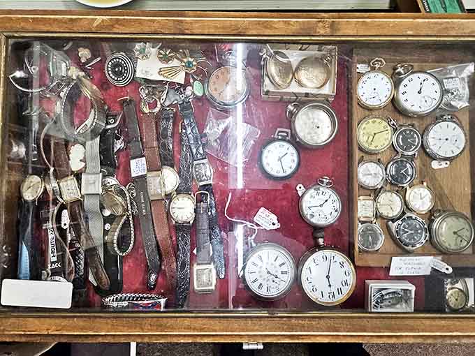 Time literally stands still in this display case &ndash; vintage watches and pocket timepieces waiting for someone to wind them back to life.