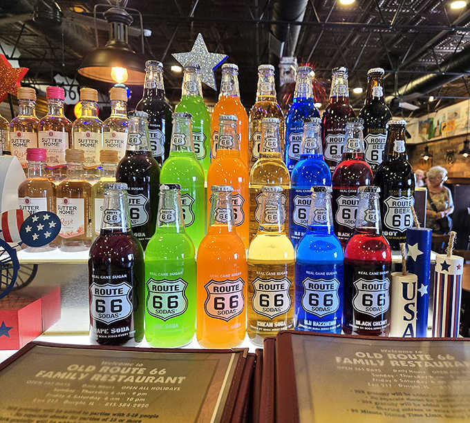 Route 66 sodas lined up like liquid jewels; a rainbow of flavors that taste like childhood summers and road trip memories.