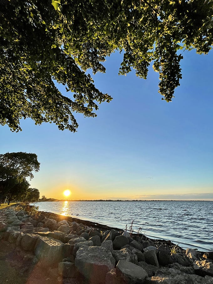 Calm waters and a sandy shore create the perfect backdrop for a day of family fun.